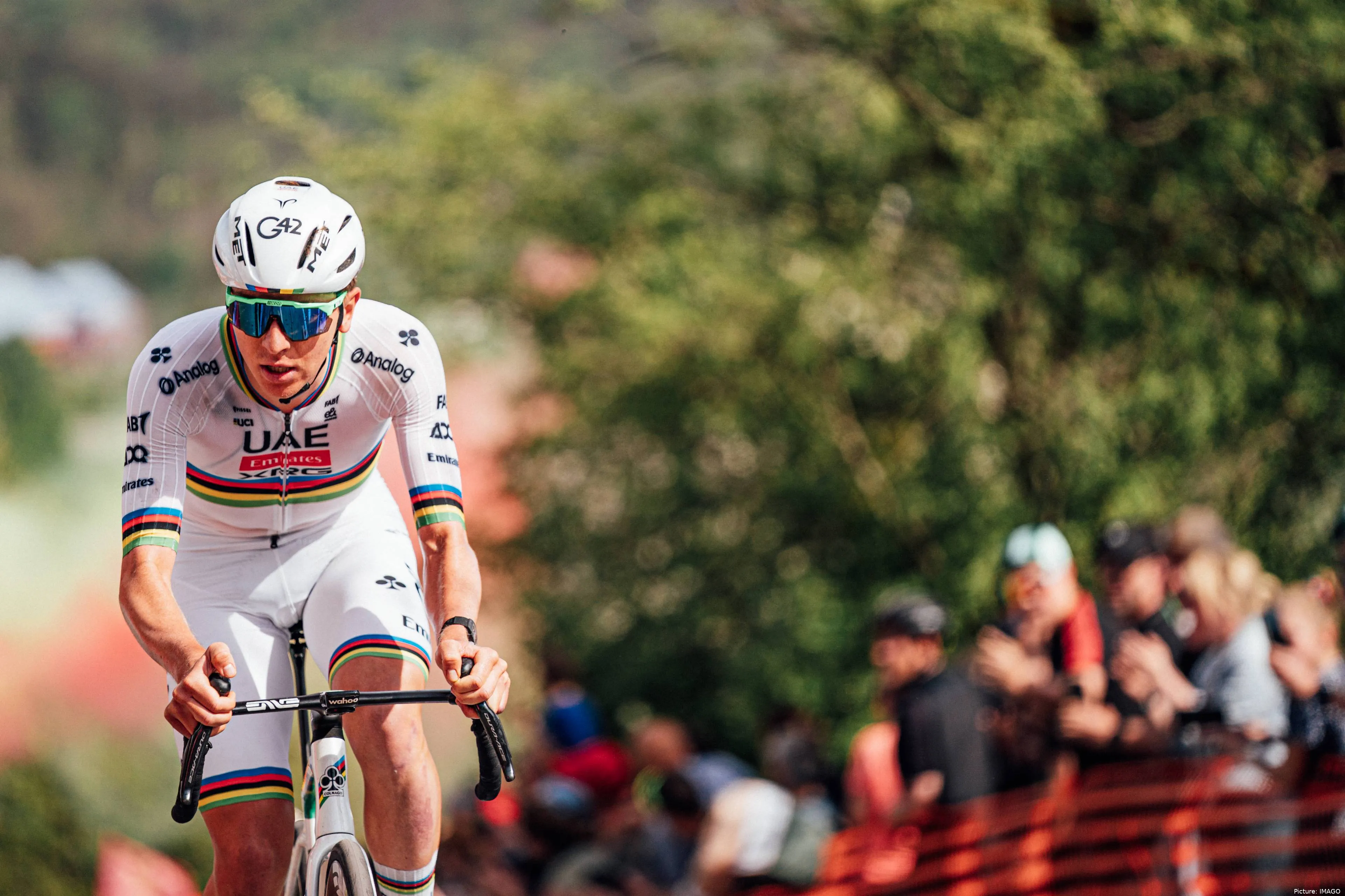 Tadej Pogacar, in the saddle, takes Côte de la Redoute during mythical third Liège-Bastogne ...